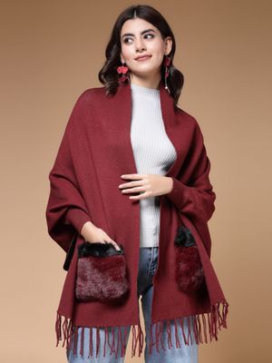 Buy Mafadeny Fur Detail Fringed Longline Maroon Poncho Online