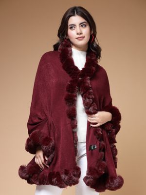 Buy Mafadeny Winter Wear Women Fuzzy Longline Maroon Poncho Online