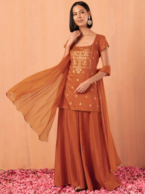 Buy Indya Orange Sharara with Foil Print Kurti & Dupatta (Set of 3) Online