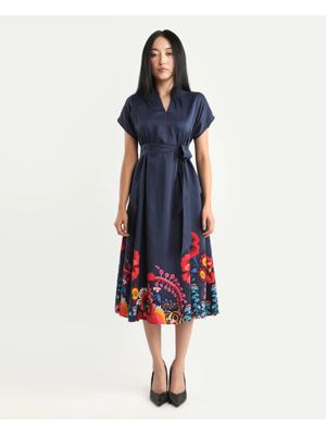 Buy RAREISM Navy Blue Abstract Print Silk Midi Dress with Belt (S) Online