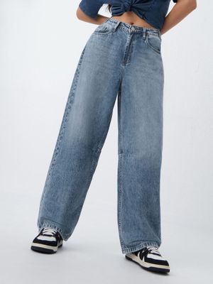 Buy The Souled Store Barrel Fit Denim Drip Blue Women Wide Leg Jeans ...