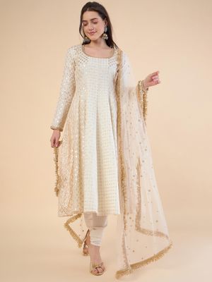 Buy ADORNIA Off White Women Sequinned Chanderi Cotton Kurta with ...