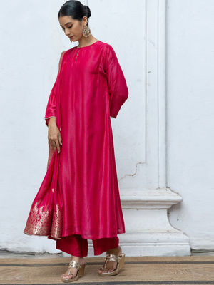 Buy Ganga Fashions Bright Rose Pink Zari Woven Bemberg Silk Kurta and ...