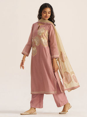 Buy Ganga Fashions Pink and Beige Woven Kurta and Pant with Dupatta ...