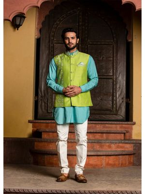 Buy HISTORI Turq Lime Raw Silk Blue Kurta with Jacket and Pant (XS) Online