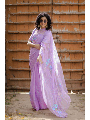 Buy HOUSE OF BAISA Women Purple Embellished Saree with Unstitched ...