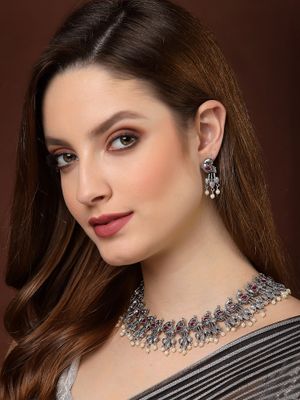 Buy PANASH Silver-Toned Pink Stones-Studded Beaded Oxidised Peacock ...