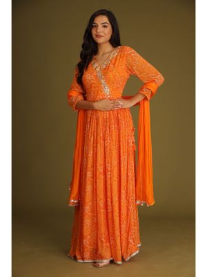 Buy Zari Jaipur Orange Georgette Ethnic Dress With Embroidery Work (Set ...