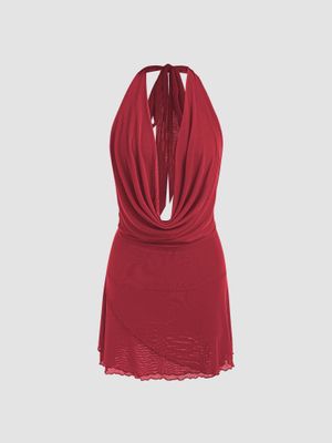 Buy Cider Mesh Halter Knotted Cowl Neck Mini Dress (L) Online