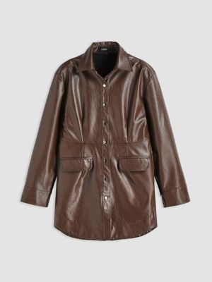 Buy Cider Faux Leather Collar Solid Pocket Shacket (S) Online