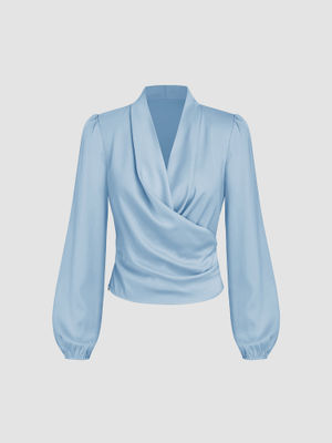 Buy Cider Satin V Neck Wrap Zip Long Sleeve Blouse Top (XS) Online