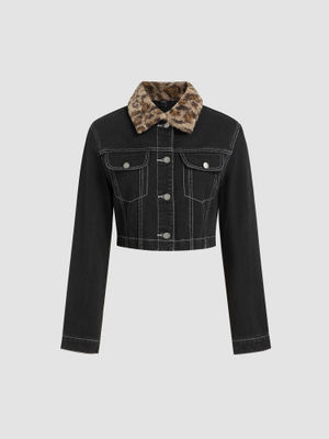 Buy Cider Denim Leopard Collar Solid Button Crop Jacket (XS) Online