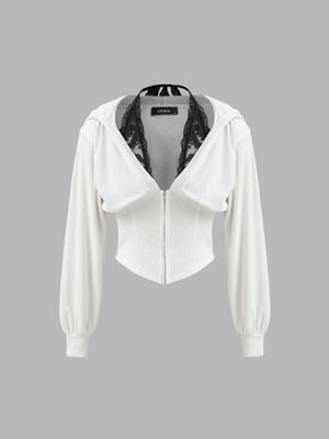 Buy Cider Rib Lace Halter Contrasting Binding Hoodie (L) Online