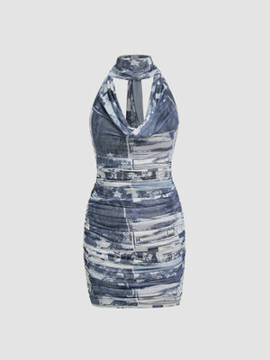 Buy Cider Mesh Halter Cowl Neck Abstract Ruched Mini Dress (L) Online