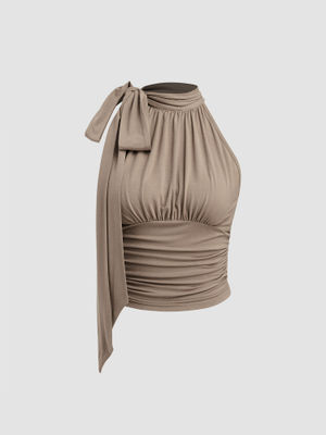 Buy Cider Stand Collar Solid Ruched Knotted Crop Top (XL) Online