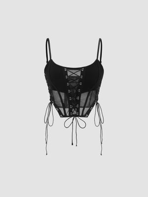 Buy Cider Mesh Scoop Neckline Solid Corset Lace Up Cami Crop Top (S) Online