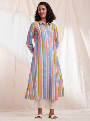 Buy Pink Fort Cotton Stripe A-Line Shirt Collar Kurta - Multicolor Online