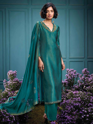 Buy Ganga Fashions Teal Silk Jacquard Unstitched Kurta and Unstitched ...