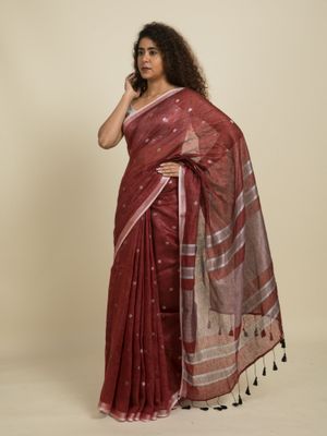 Buy Suta Maroon and Silver Polka Linen Zari Saree Online