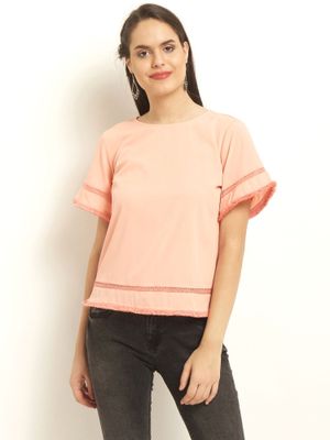 Buy RARE Women Peach Round Neck Solid Top online