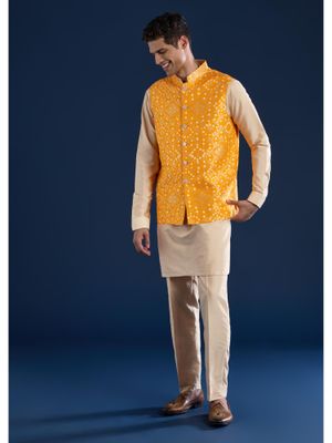 Buy KALKI FASHION Men Yellow Silk Textured Mandarin Neck Jacket and ...