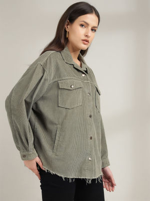 Buy Xpose Women Olive Oversized Boyfriend Fit Corduroy Shacket (S) Online