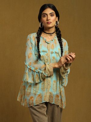 Buy Ritu Kumar Aqua Paisley Print Embroidered Shirt with Inner (Set of ...