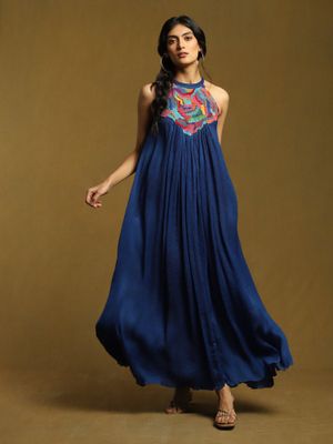 Buy Ritu Kumar Blue Embroidered Halter Long Dress Online