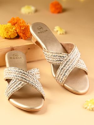Buy ROCIA Gold Women Embroidered Sandal (EURO 35) Online