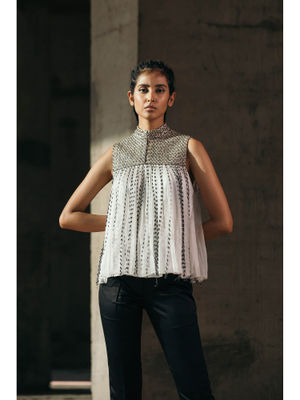 Buy AKHL Grey Square Yoke Gathered Top (XS) Online