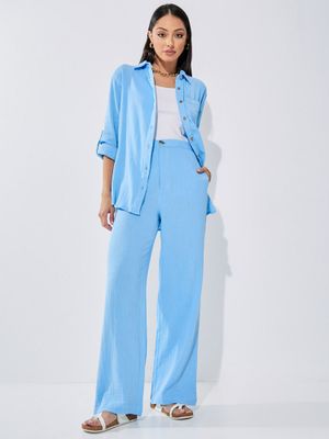 Buy Styli Blue High Rise Wide Leg Textured Trouser Online