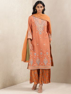 Buy Ritu Kumar Rust Embroidered Kurta with Sharara and Dupatta (Set of ...