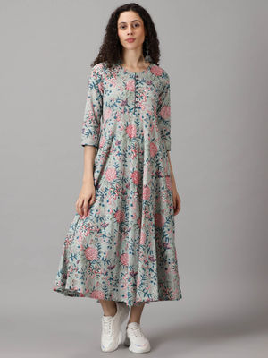 Buy Rangmayee Women Cotton Sky Blue Floral Print Umbrella Flared Dress ...