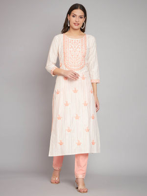 Buy Rangmayee Women Cotton Cream & Peach Embroidered Kurta with Pant ...
