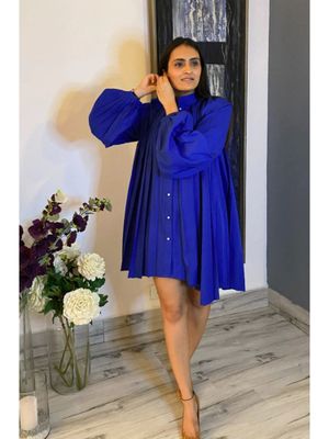 Buy Juhi Nanda Royal Blue Pleated Dress (Set of 2) Online