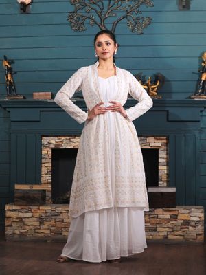Buy HANDME Rabab Fairytale White Gown With Chikankari Embroidered ...