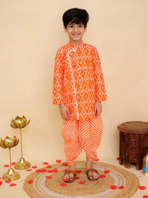 Buy LITTLE GINNIE Boys Orange Bandhani Kurta with Lehriya Dhoti (1-2 ...