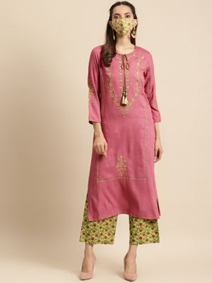 Buy Rangmayee Womens Pink & Green Embroidered Straight Kurta With ...