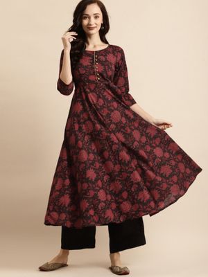Buy Rangmayee Women Navy Blue & Maroon Cotton Floral Print A-line Kurta ...