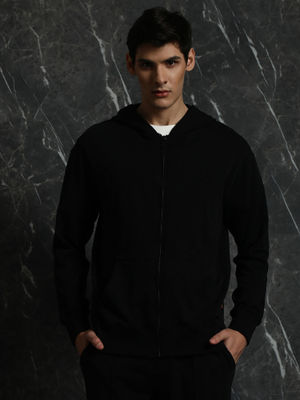 Buy BREAKBOUNCE Black Solid Relaxed Fit Hoodie With Zipper Online