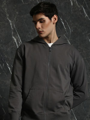 Buy BREAKBOUNCE Grey Solid Relaxed Fit Hoodie With Zipper Online