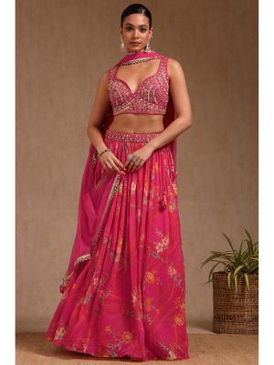 Buy Soch Pink Embroidered Choli with Unstitched Sleeves Lehenga and ...
