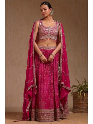 Buy Soch Fuchsia Embroidered Choli with Unstitched Sleeves Lehenga and ...