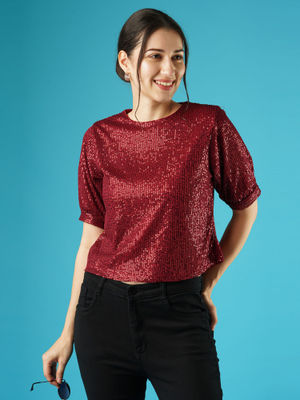 Buy Globus Women Maroon Sequined Half Sleeve Party Top (S) Online