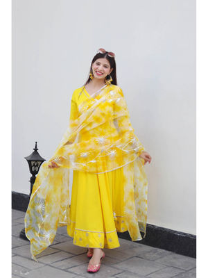 Buy GAYRAA Chic Yellow Hand Embroidered Angarkha Pant with Dupatta (Set ...