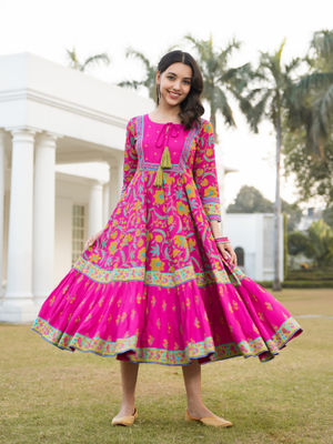 Buy Rustorange Hot Pink & Ochre Floral Dress With Hem Details Online