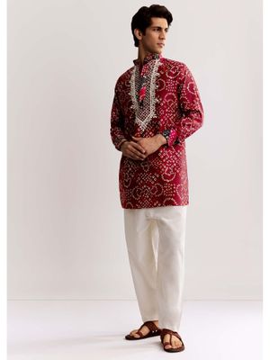 Buy KALKI FASHION Red Silk Short Kurta & Pyjama With Bandhani Print ...