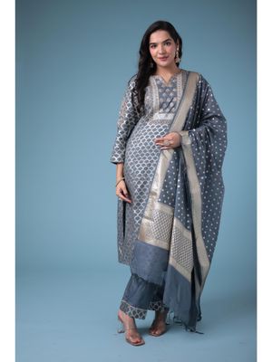 Buy Zari Jaipur Silk Blend Grey Kurta with Pant and Dupatta (Set of 3 ...