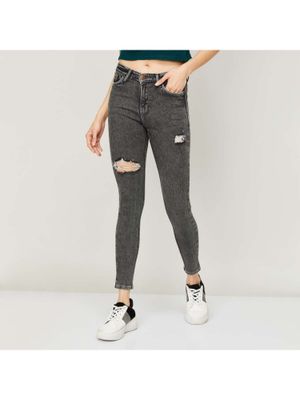 Buy Xpose Women Ash Black Skinny Fit High-rise Low Distress Stretchable ...