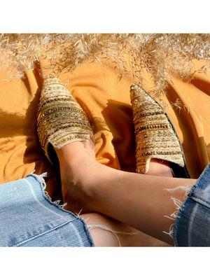 Buy Bombay Brown Embroidered Jute Golden Pointed Mule Online